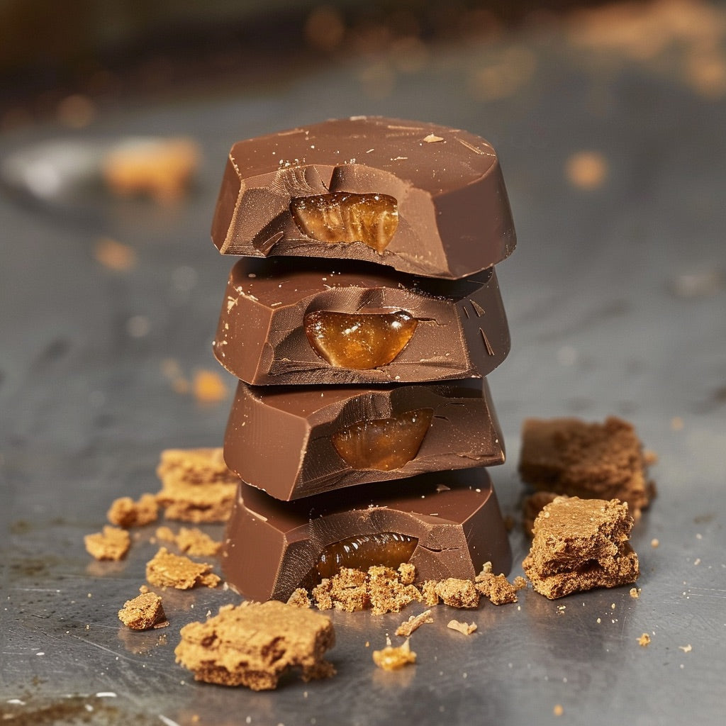 4 chocolats farcis au biscoff sur une table de metal